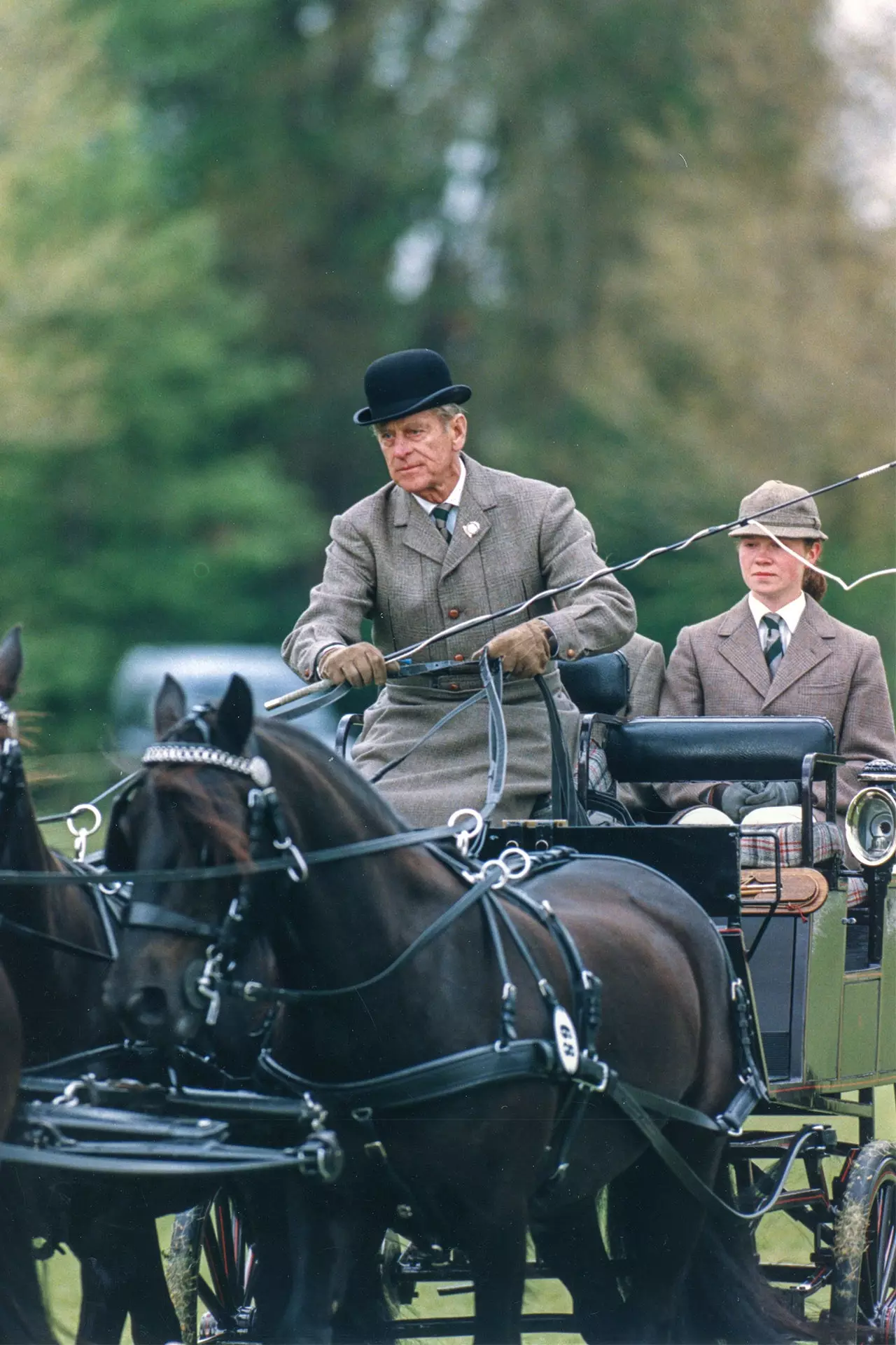 O príncipe Felipe nun carruaxe tirado por cabalos durante un evento ecuestre en Windsor 1996