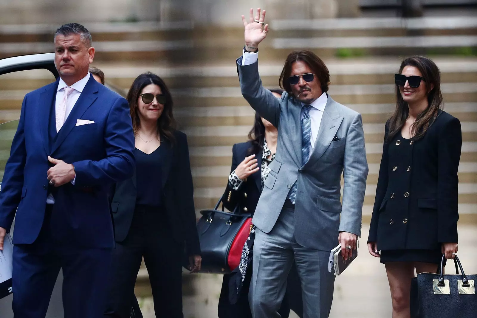 Johnny Depp saindo com sua comitiva deixando os Royal Courts of Justice no dia 8