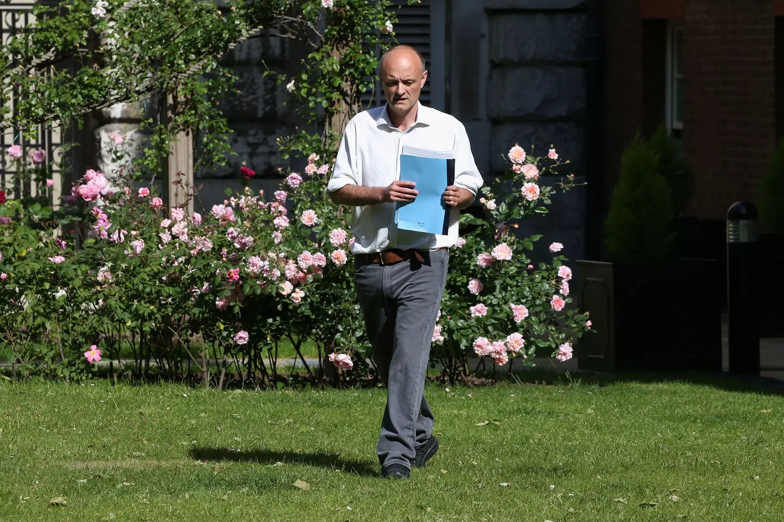 Založení Dominic Cummings v růžové zahradě Downing Street na cestě na tiskovou konferenci