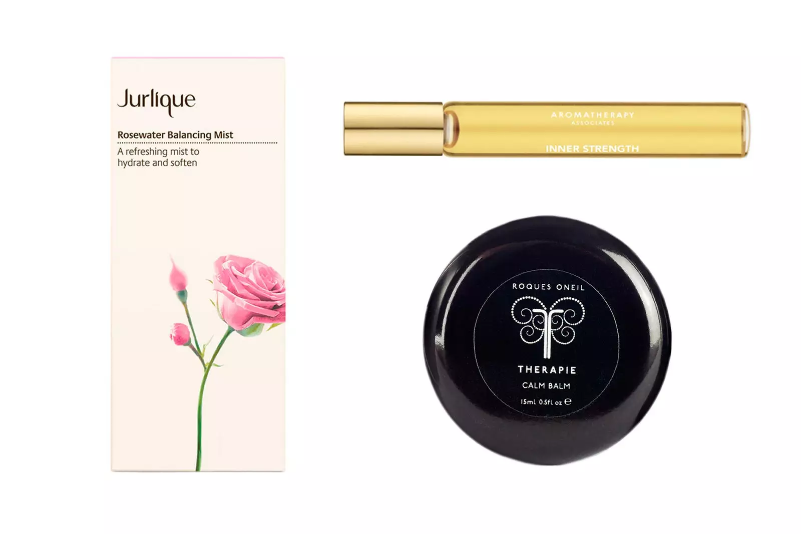 Jurliques Rosewater Iringaniza Ubuvuzi Bwiza Gutuza Amavuta na Aromatherapy Associates Imbere Imbaraga za rollerball