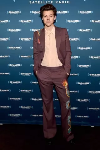 Si Harry sa usa ka kostumbre nga Gucci twobutton notchlapel brown mohair suit nga adunay binordahan nga mga detalye sa dragon ug usa ka peach silk shirt sa...