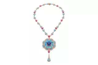 Collana di Alta Gioielleria in oro rosa con turchese e tormalina tanzanite e perle di ametista diamanti taglio brillante...