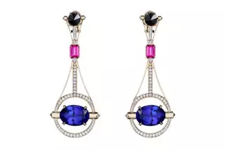 Anting-anting Tanzanite dan Rubellite Emas Putih 18kt dengan Berlian Hitam dan Putih POA aravartanian.com