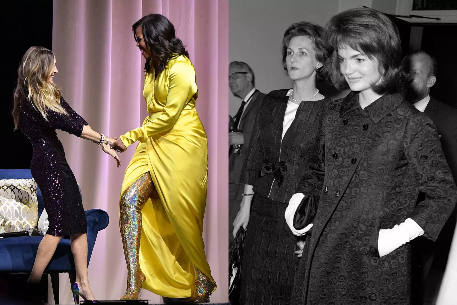 Chaith Michelle Obama na buataisí Balenciaga in 2018 agus Jackie Kennedy ag caitheamh Balenciaga i 1964