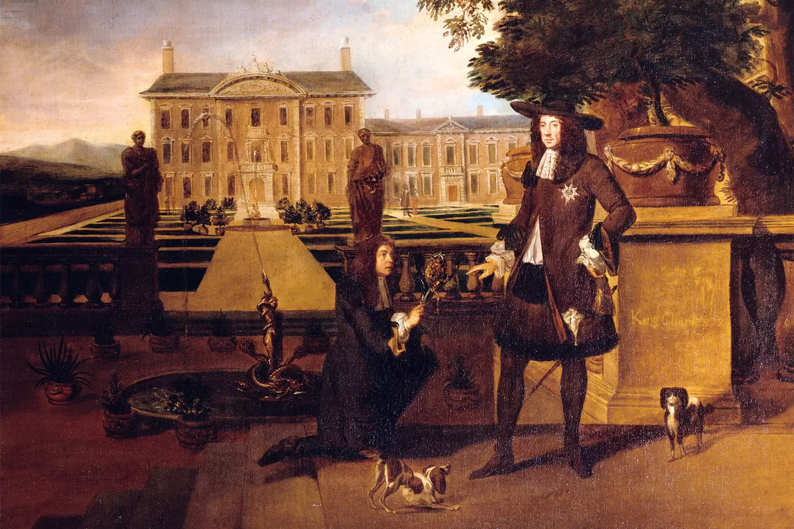 Pintura que representa a John Rose presentando la primera piña cultivada en Inglaterra a Carlos II