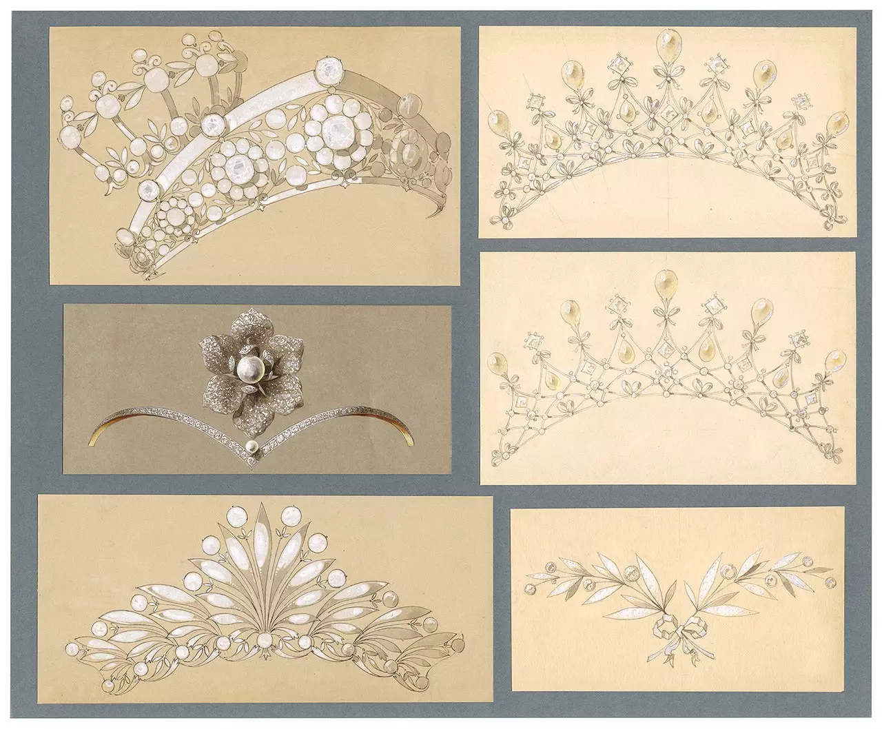 การประชุมเชิงปฏิบัติการของ Joseph Chaumet วาดภาพประมาณ 1905 โครงการรอบ tiaras และ aigrette Gouache Chaumet Archives