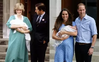 Glücklich entspannt und dennoch schick präsentieren sich die beiden Royals in Polka Dots, um ihre Erstgeborenen zu präsentieren. Diana trägt eine grüne Polka...