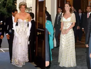 Prinzessin Diana trägt ein elfenbein-goldenes David-Emanuel-Kleid, das mit Paillettenkristallen und Perlen verziert ist und...