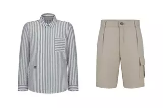 Und für die Jungs... Blau gestreiftes Hemd von 230 dior.com Beige Bermudashorts von 270 dior.com